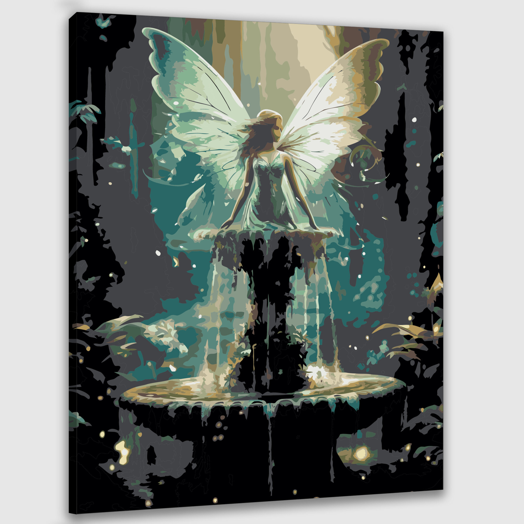 Картина по номерам 40x50 см, фея, волшебный фонтан, нежные крылья, радужные оттенки, гравюры, неземная вода