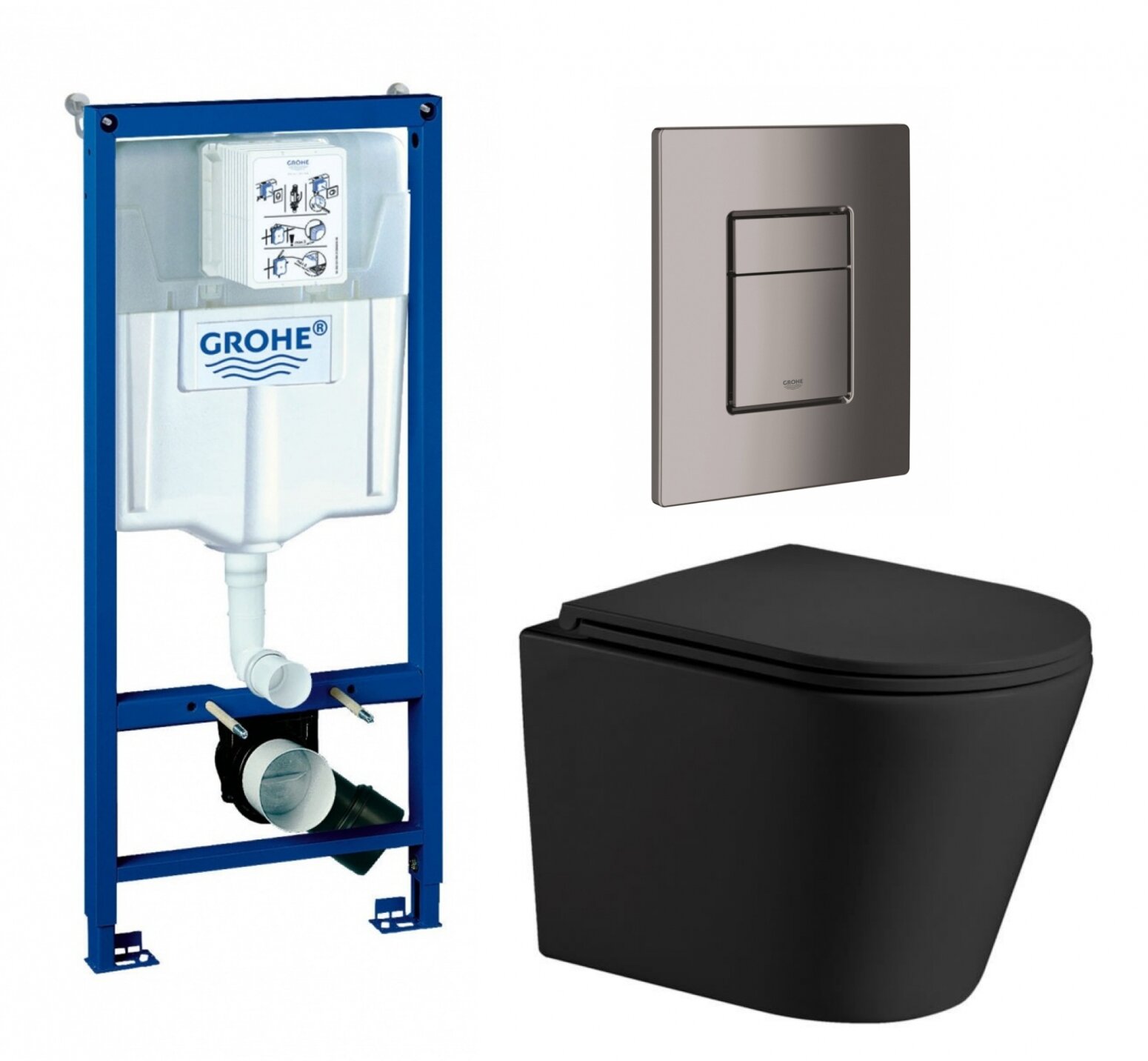 Комплект 3 в 1 инсталляция Grohe Rapid SL + Подвесной унитаз WeltWasser Salzbach 043 MT-BL + кнопка темный графит