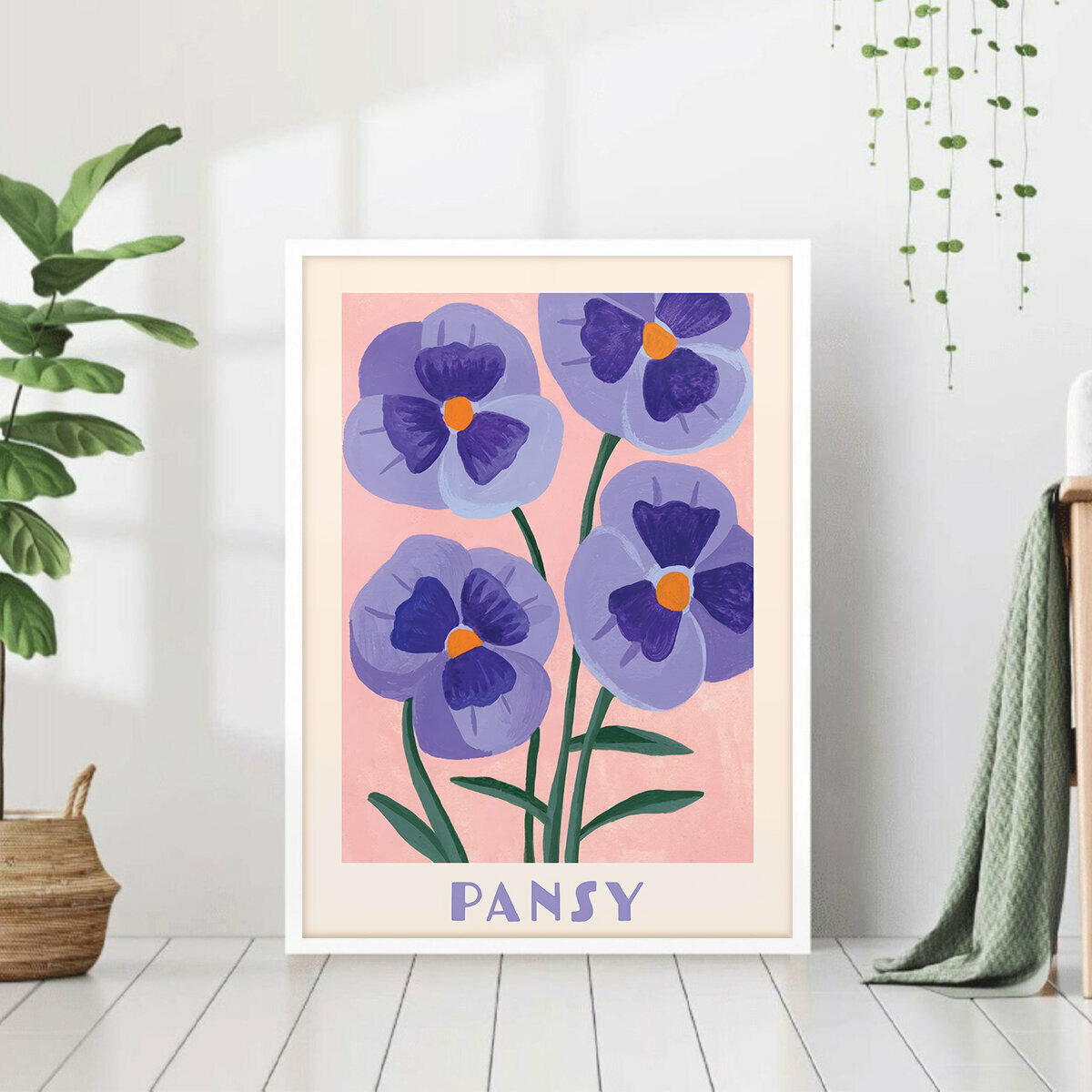 Постер "Цветы анютины глазки" в белой рамке 40x50 см для интерьера на стену