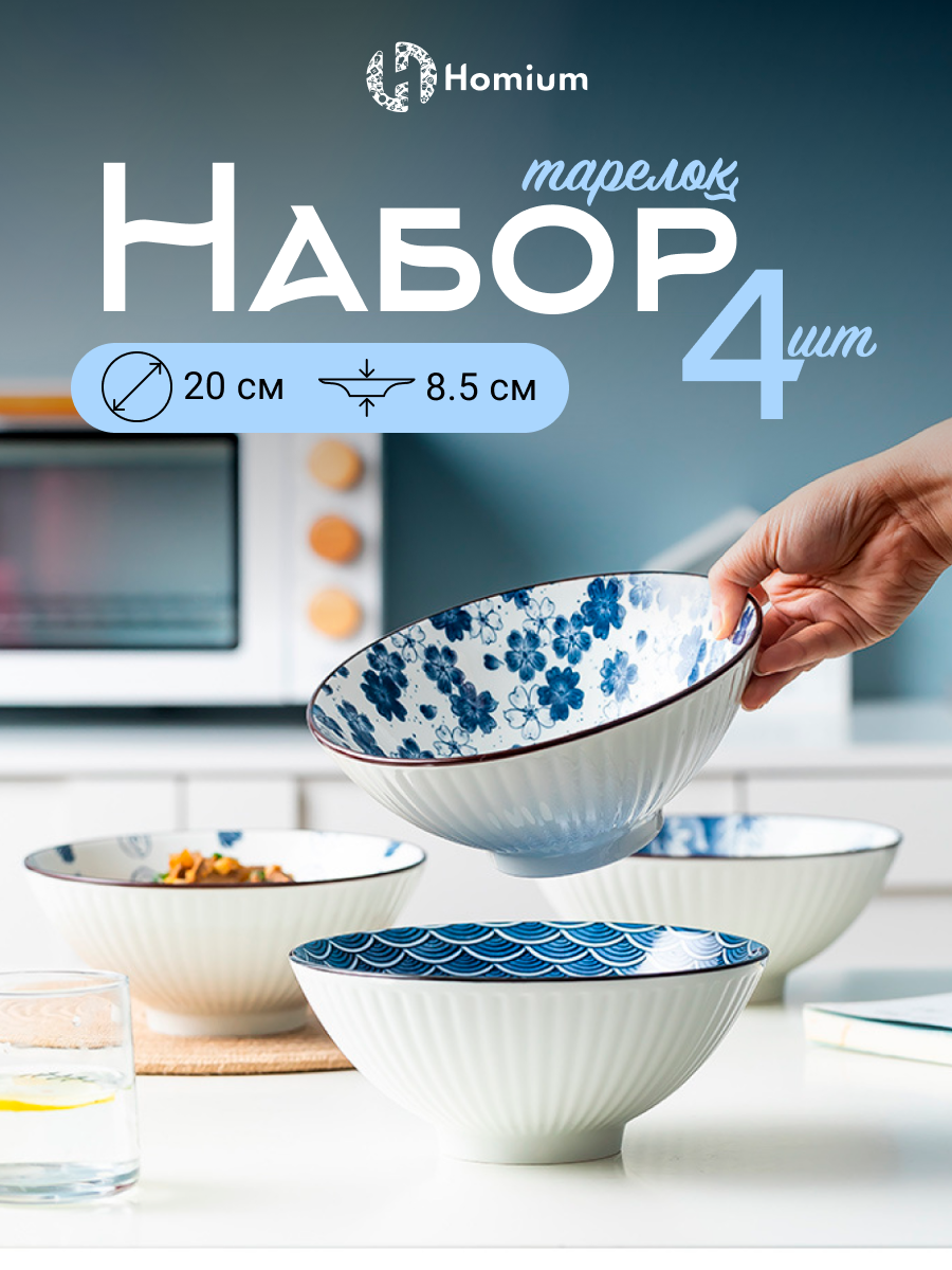 Набор суповых тарелок Homium, Japanese Collection, Очарование, глубокие, 4шт, цвет белый/синий, D20см