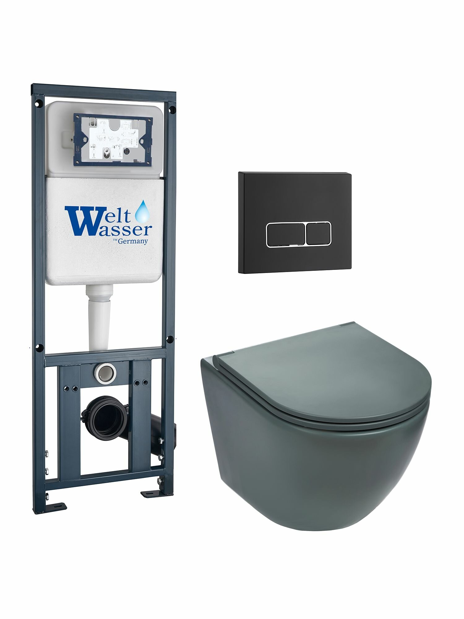 Комплект 6 в 1 WeltWasser: подвесной унитаз MERZBACH 043 MT-GR серый+кнопка смыва MAR 410 SE MT-BL черный+инсталляция MARBERG 410
