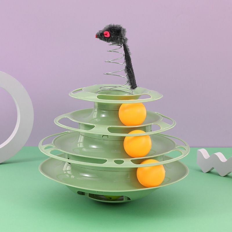 Интерактивная игрушка пирамидка для кошек, котов, котят, дразнилка, игровой комплекс,1,4 слоя + пружина, зеленый