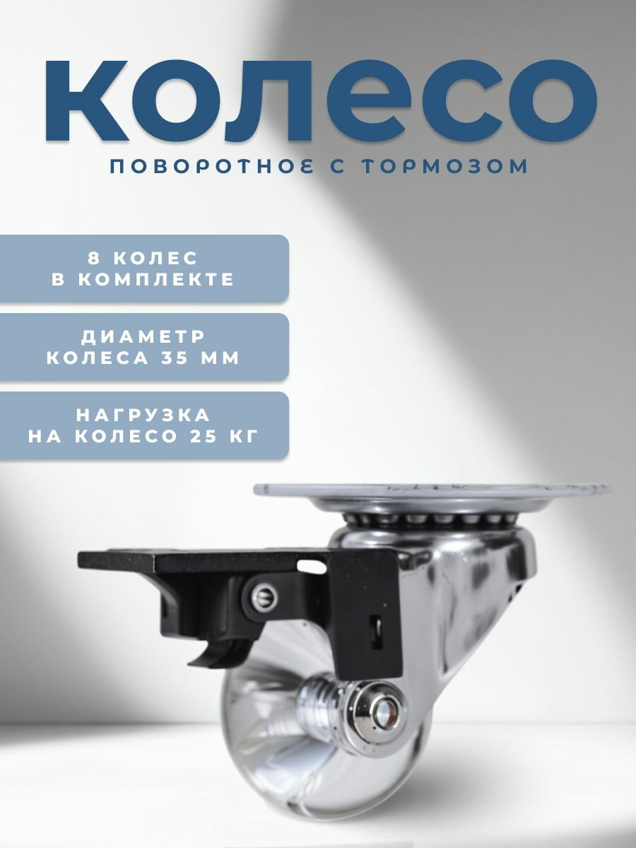 Колесо мебельное на площадке с тормозом 35 мм BRANTE, полупрозрачный полиуретан, комплект 8 шт, ролики для прикроватных тумбочек, журнальных столиков, тумб, шкафчиков, колесики для мебели