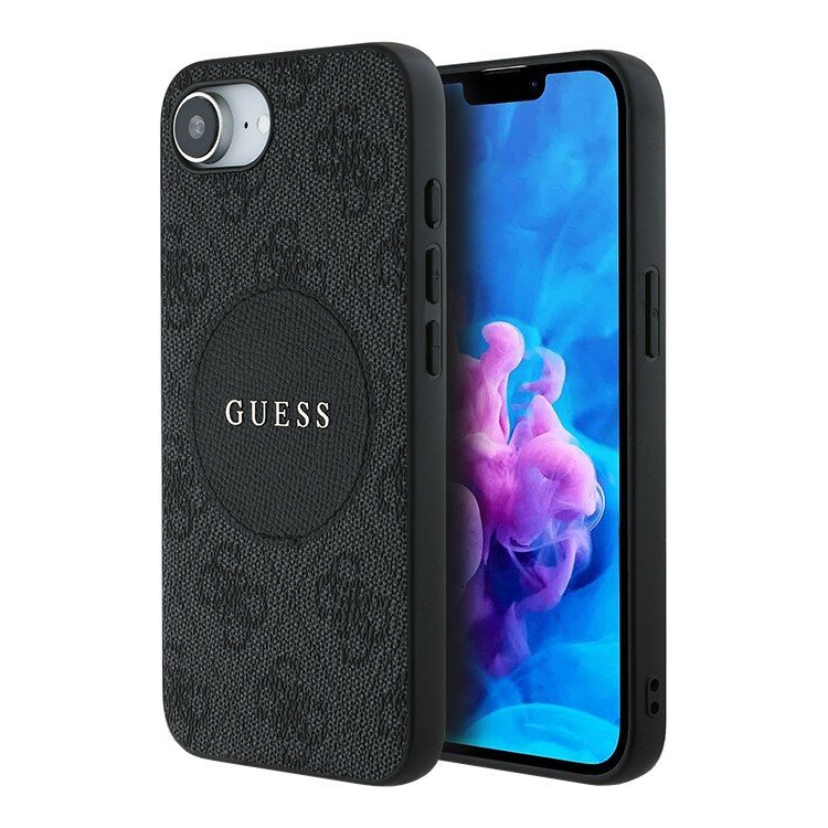 Guess чехол MagSafe для iPhone 16e, PU-кожа 4G with Round Patch Metal logo, черный