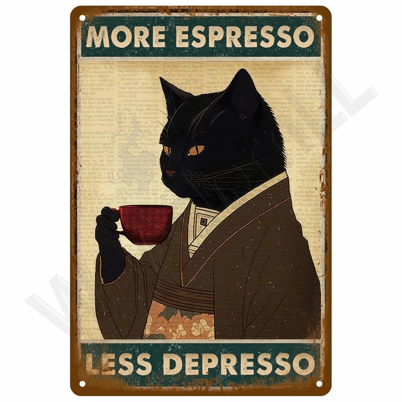 Винтажная вывеска "More Espresso Less Depresso" - черный кот, металлическая