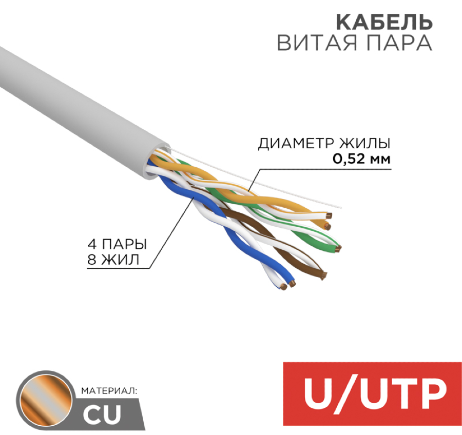 Кабель информационный REXANT / Рексант PRO Indoor solid 24AWG 4PR, ZH нг(А)-HF, витая пара, медь, серый, U/UTP, cat5e, 4 пары, 6.5мм, 305м / электрика