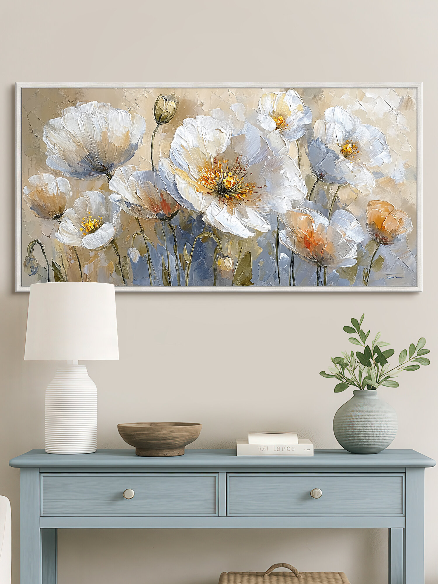 Большая картина "белые маки" 103х53 см — интерьерная картина в раме для дома на стену, подарок на день учителя