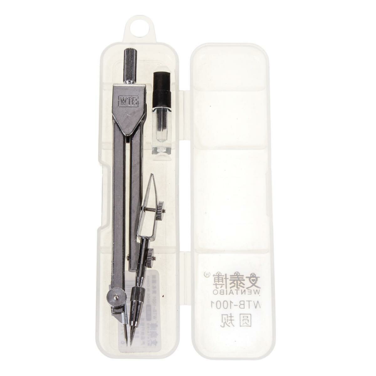 Циркуль металлический с запасными грифелями, в пластиковом футляре, для черчения и рисования