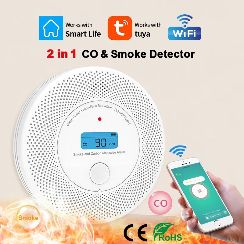 Версия 2 в 1, Wi-Fi Tuya, детектор кома и дыма, ЖК-дисплей, детектор угарного газа, комната, кухня, магазин, датчик пожара, звуковая сигнализация PIR