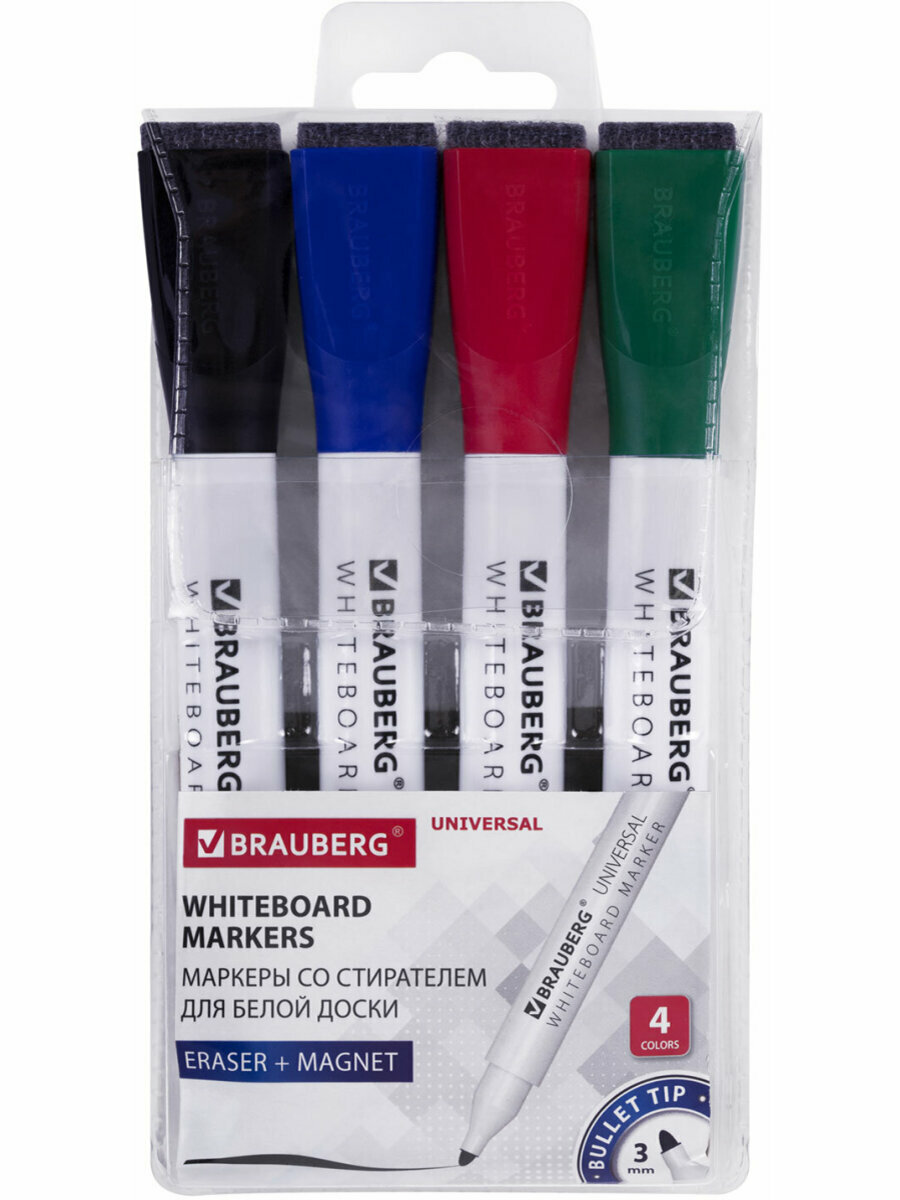 Маркеры для магнитной белой доски стираемые, фломастеры на магните набор 12 штук с губкой, 4 цвета, Brauberg Universal, 152491
