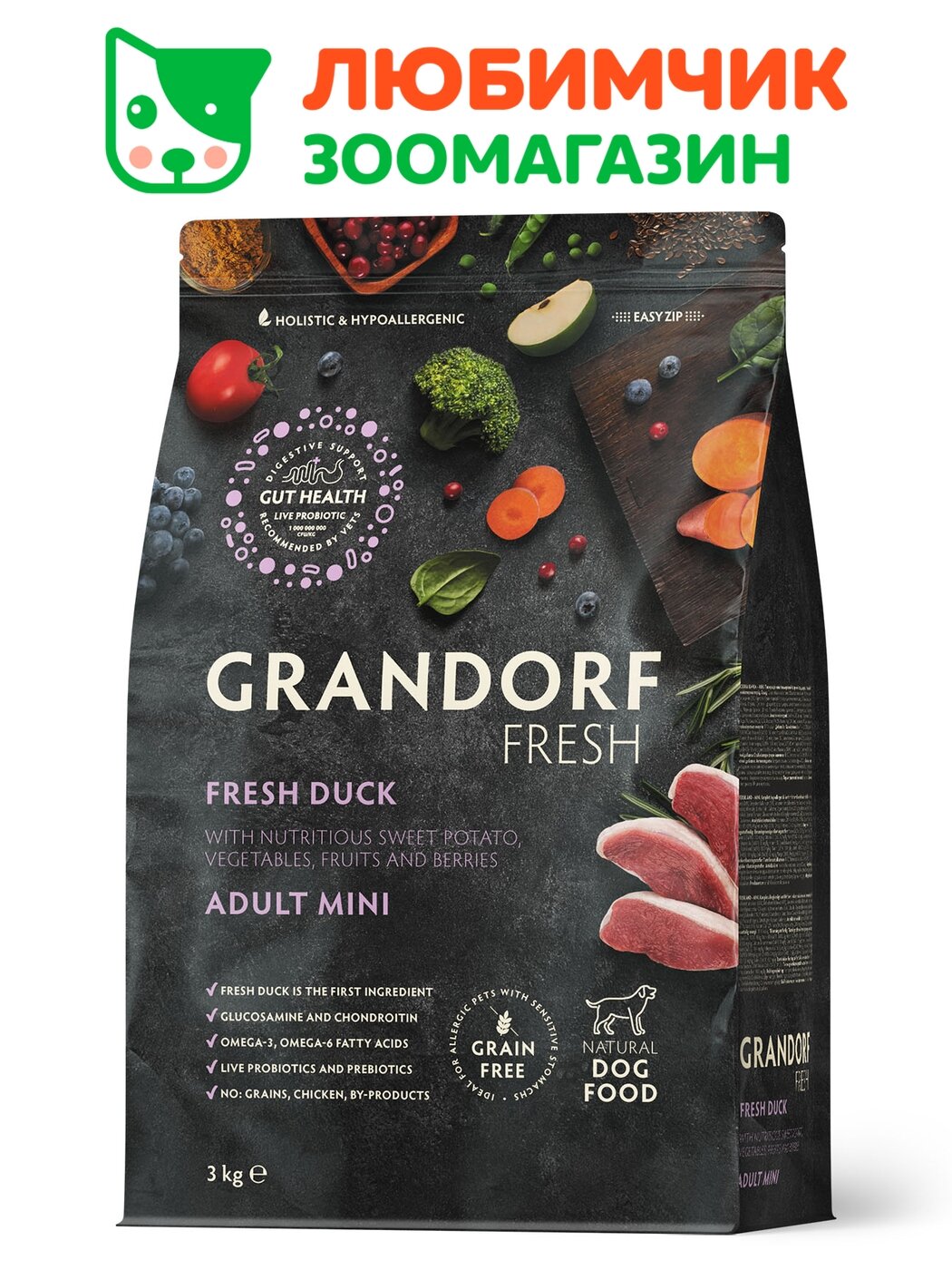 Grandorf Fresh корм для собак мелких пород, беззерновой, с живыми пробиотиками, утка и батат 3 кг
