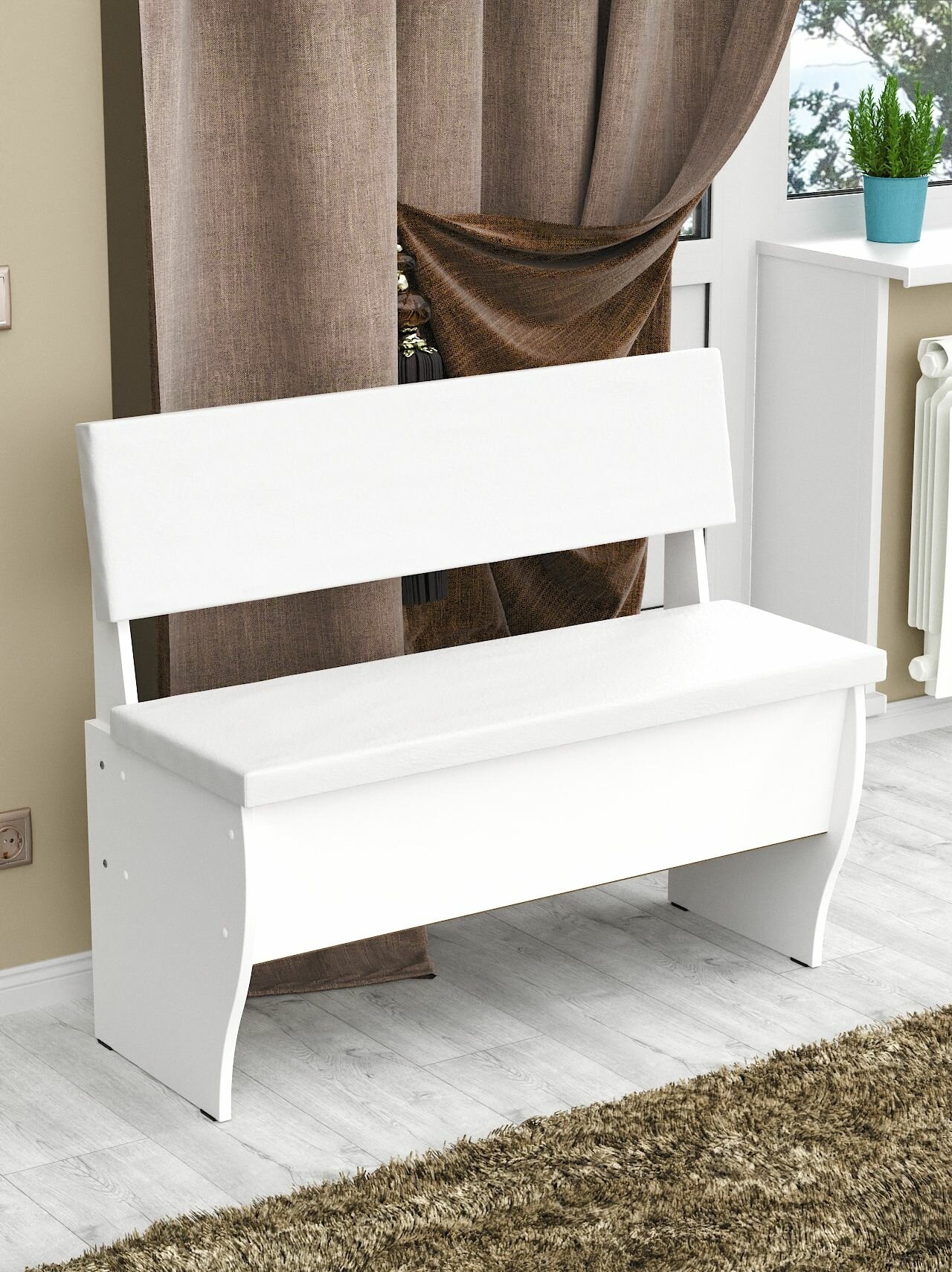 Скамья Курскмебель №2, с ящиком, спинка, искусственная кожа, белая