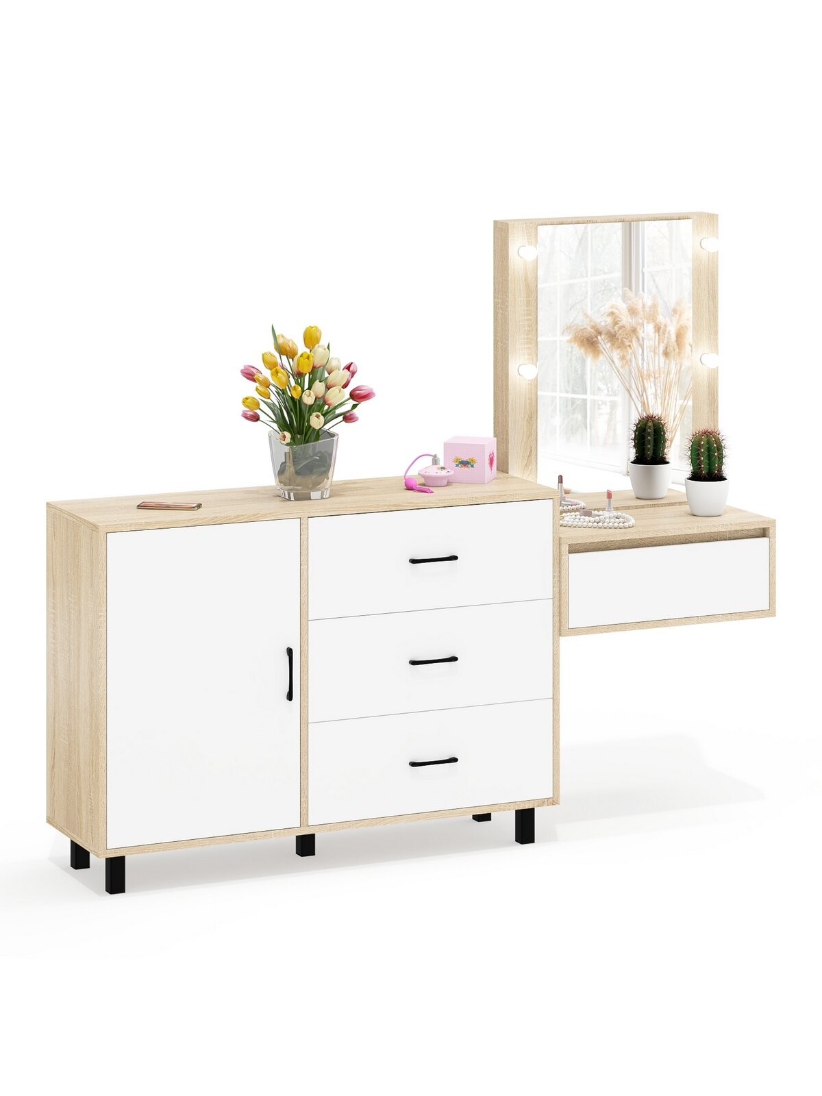 Комод с дверками и ящиками 122-1204 и косметический столик навесной с подсветкой, дуб сонома/белый, 181,4х38,4х150 см.