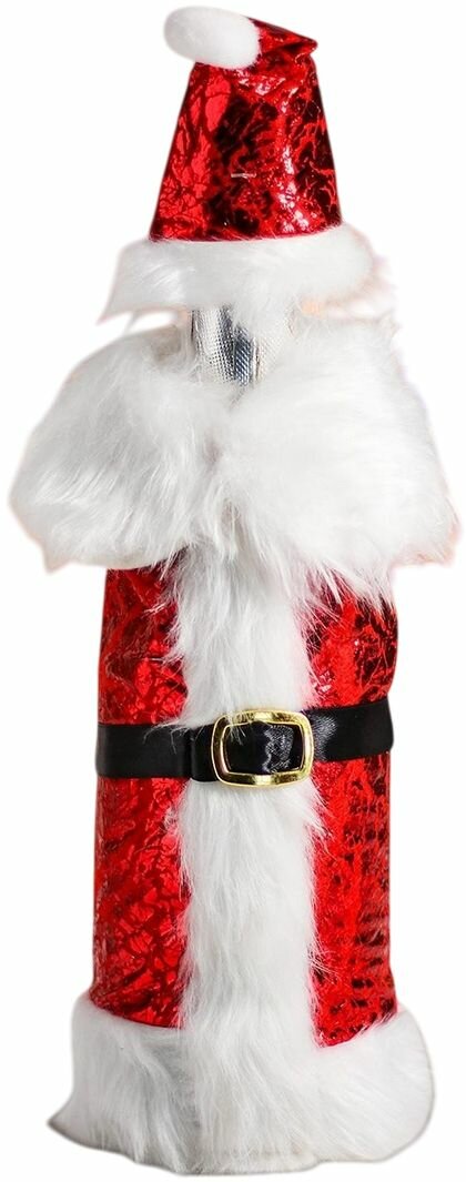 Декоративный чехол на бутылку "Костюм Деда Мороза" новогодний, с шапочкой, одежда для стеклянной бутыли, для шампанского