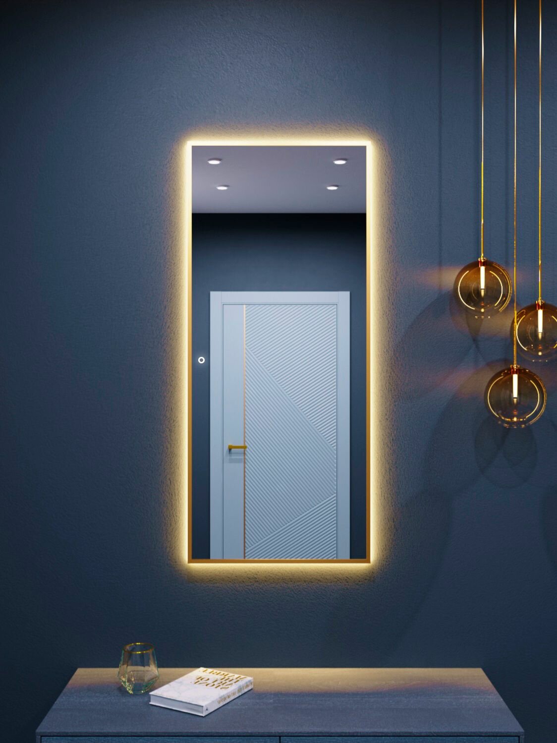 Зеркало настенное 120х40 см. ONE MARKET с подсветкой в ванную сенсорное в алюминиевой раме, Золото