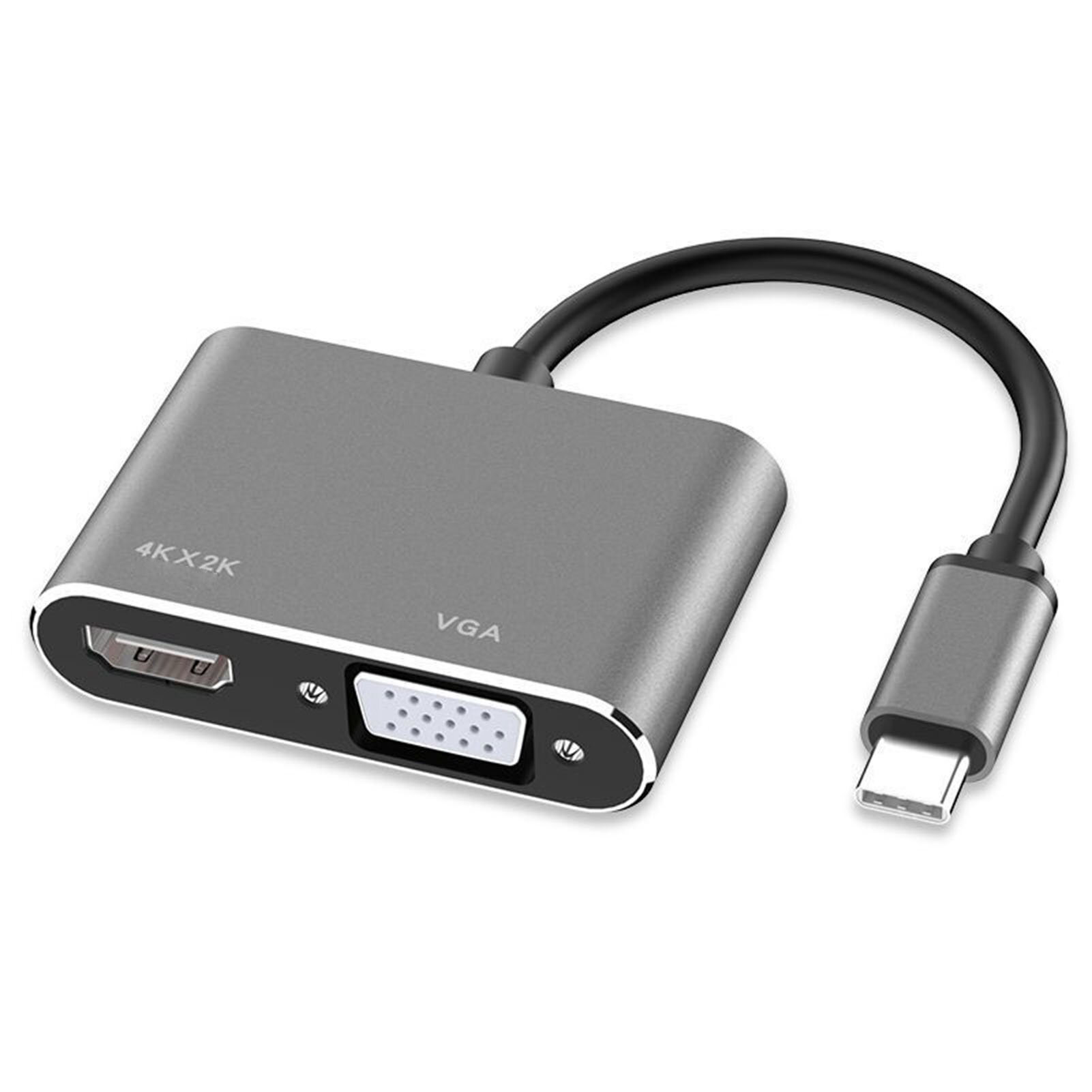 2в1 Адаптер Type C — HDMI/VGA с поддержкой 4K 30 Гц, Plug and Play, серый