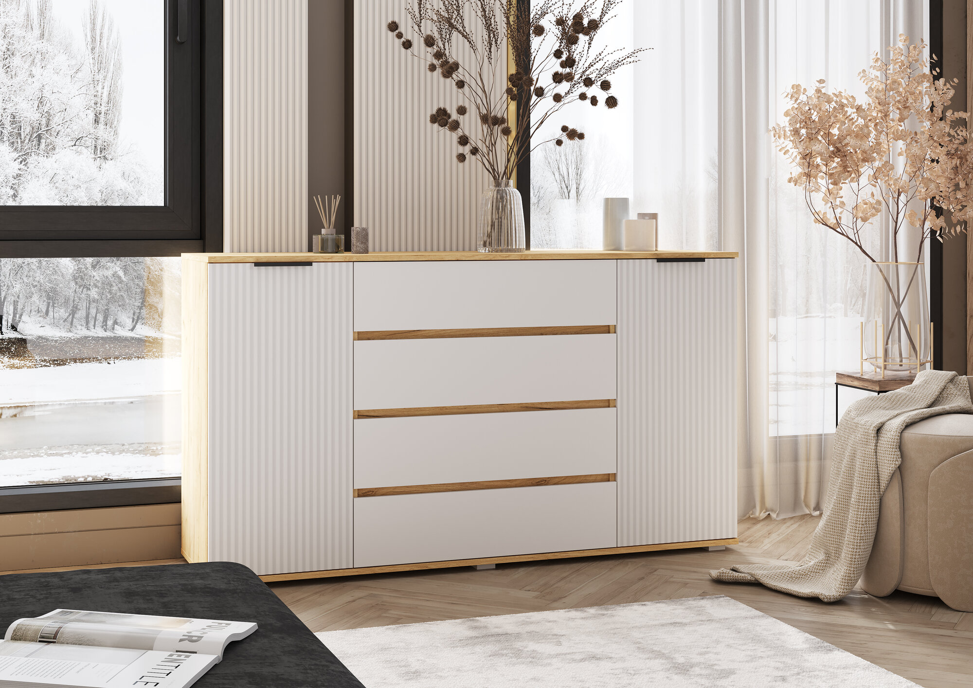 Марвэл Комод 2 двери 4 ящика (1600) (Браш Вайт, Дуб Крафт)