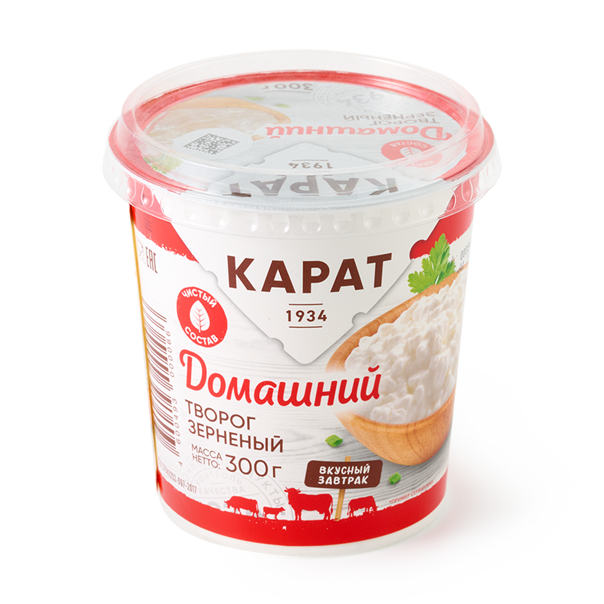 Творог зерненый карат, 4%, домашний, без добавок, в стаканчике, 300 г