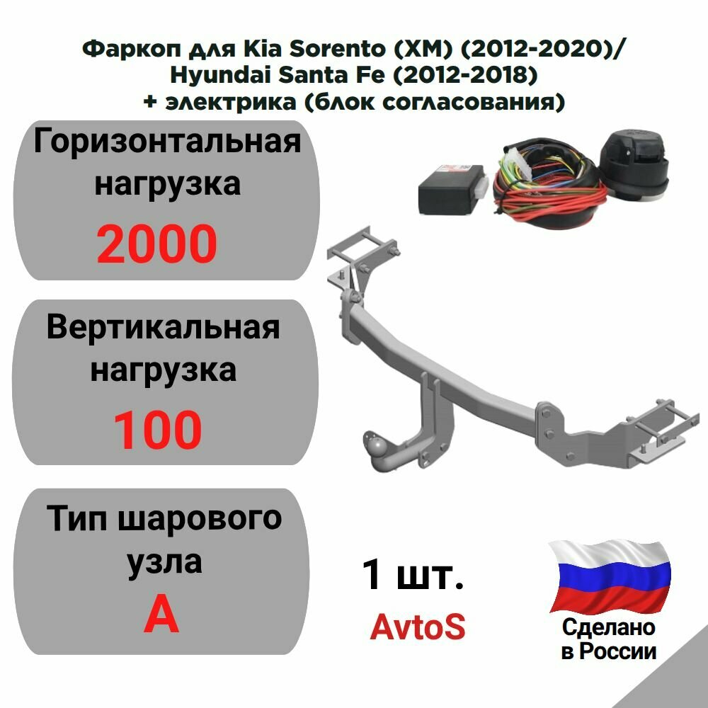 Фаркоп для Kia Sorento (XM) (2012-2020)/ Hyundai Santa Fe (2012-2018) + электрика "AvtoS" KI24