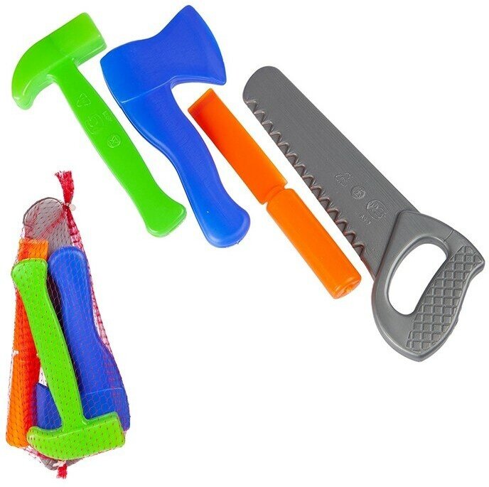 Набор игрушечных инструментов Юг-Пласт пила, топор, молоток и отвертка из пластика, в сетке (7034)