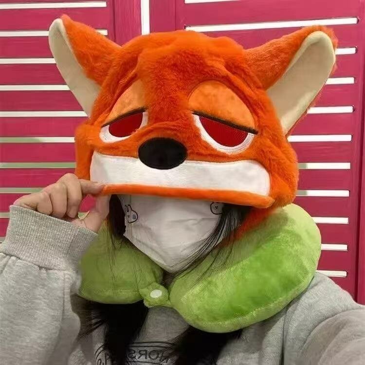 Дорожная подушка с капюшоном и мультяшным принтом, Neck Pillow, For adult, Оранжевая лисица