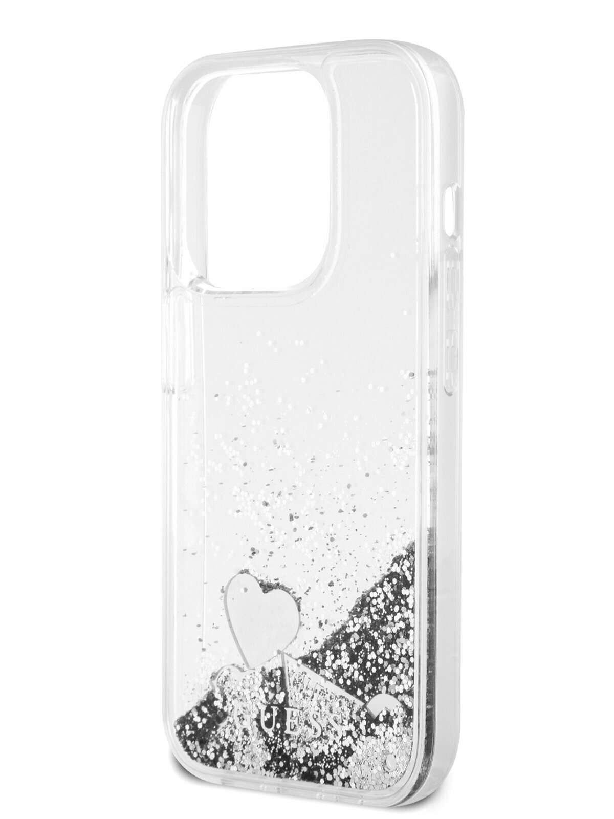Guess для iPhone 15 Pro чехол Liquid Glitter Hard Hearts Silver