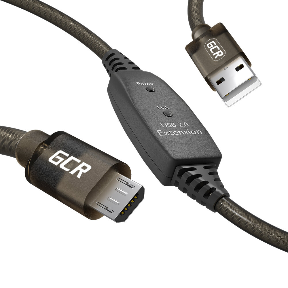 GCR-53813 / GCR Кабель активный 10.0m USB 2.0, AMmicroB, черно-прозрачный, с усилителем сигнала, раз