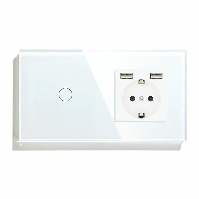 Сенсорный выключатель с розеткой 1кл. 1 розетка, 2 поста (1G+1AA) стекло 157х86мм цвет белый