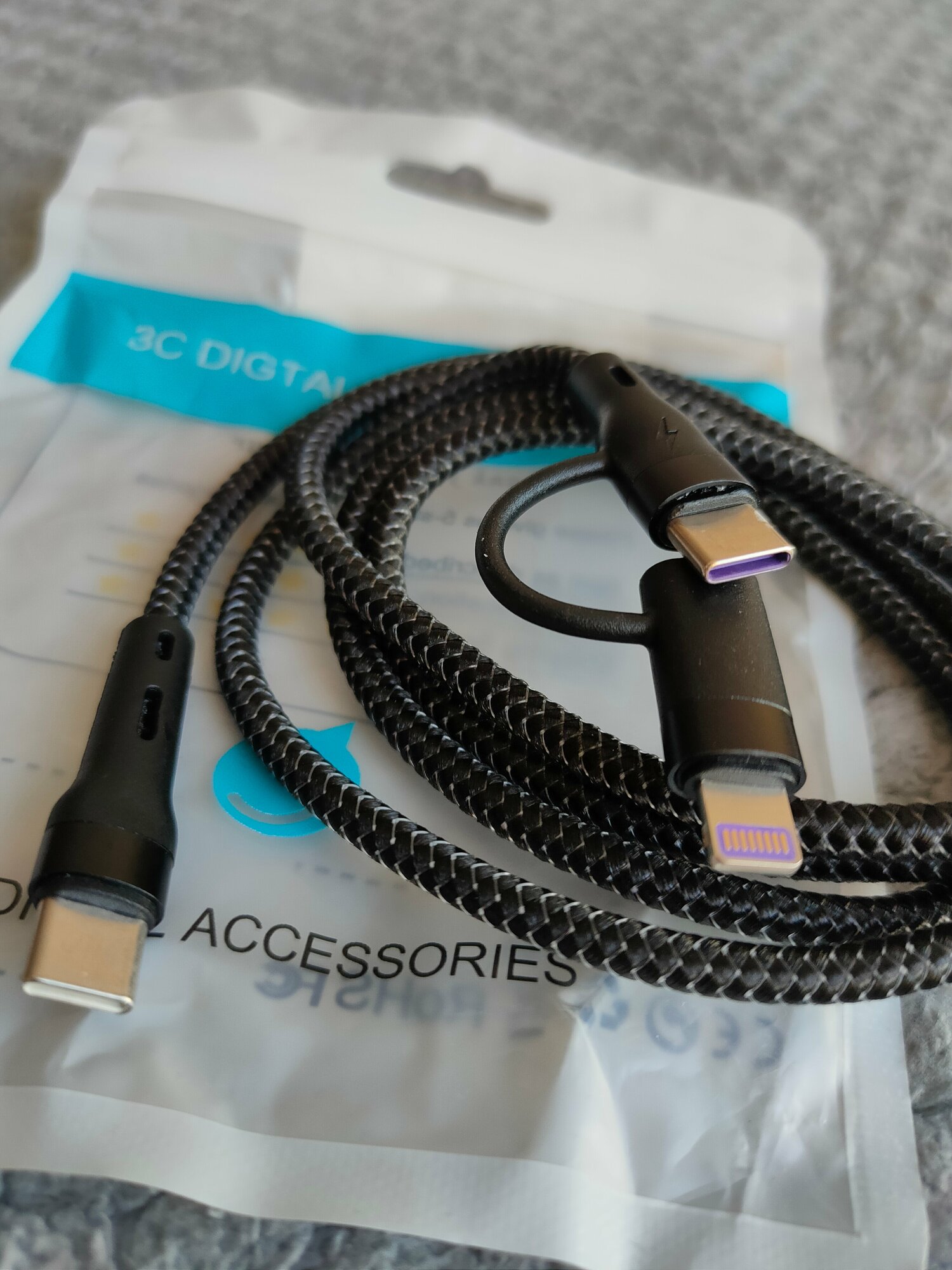 Кабель для зарядки. Тканевая оплетка, 2 в 1 /провод с переходником. / USB Type-C - USB Type-C/Lightning. Премиум качество.