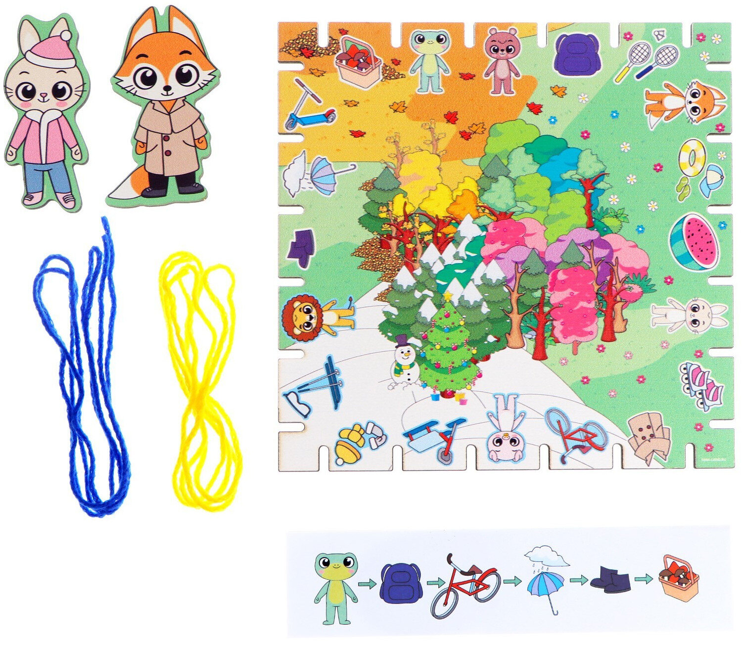 Развивающая игра "Геоборд с заданиями. Изучаем времена года", развитие моторики и мышления, набор с деревянной основой + нитки, 6 схем