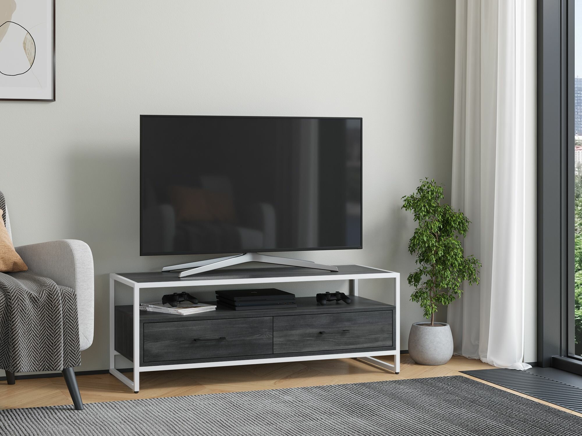 Тумба под ТВ Urban Лофт 02 с ящиками Белый/северное дерево темное