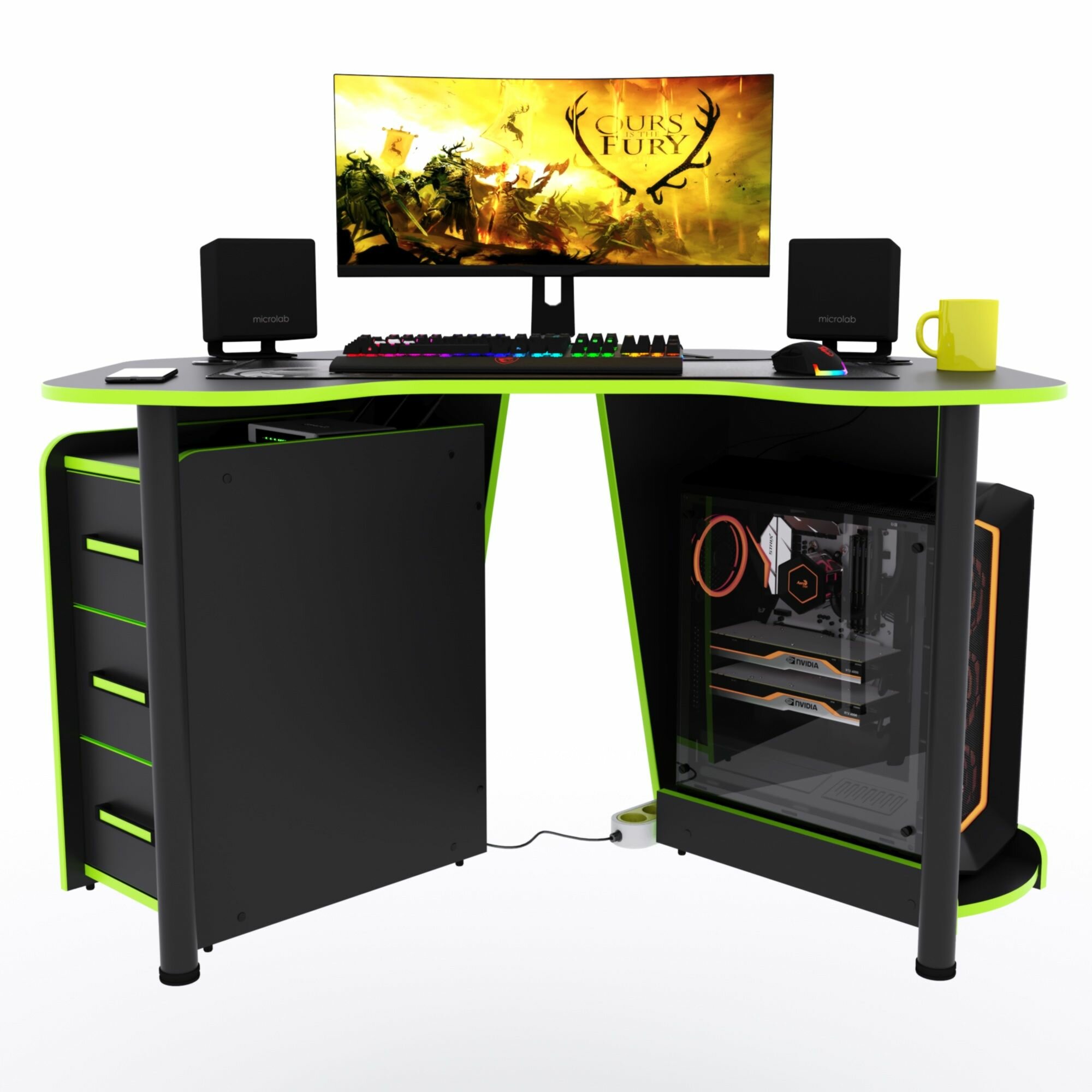 Угловой компьютерный стол "Угол" с тумбой, 140x87x75 см, чёрный с зелёной кромкой