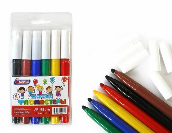 Фломастеры 6 цв. Джамбо цветной корпус, белый колпачок