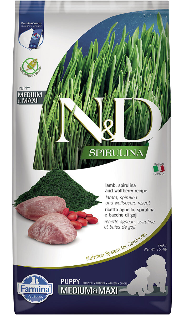 FARMINA DOG N&D GF SPIRULINA PUPPY MEDIUM&MAXI LAMB&WOLFBERRY безз щенк ягненок, яг годжи, спирулина 7 кг