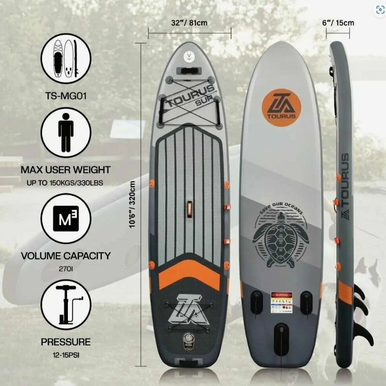 Сапборд Supboard Tourus TS-MG01 10,6* 320 cм серый с оранжевым (полный комплект)