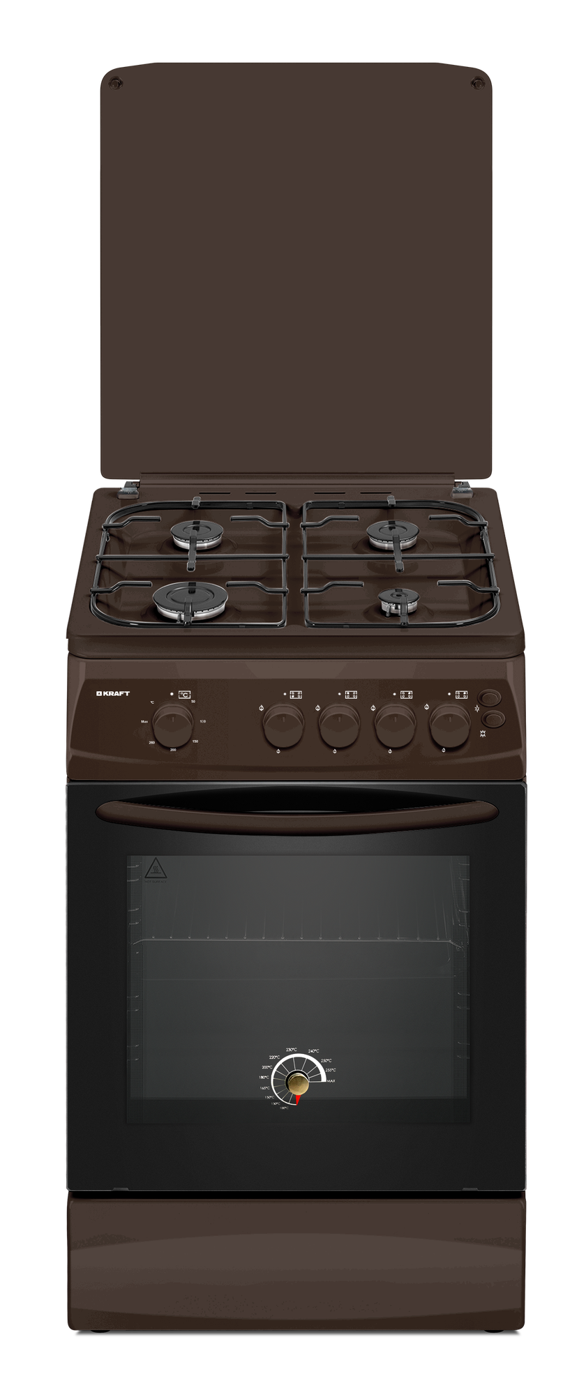 Плита газовая KRAFT KF-FSK 5403AGBR /коричн,50*63, крышка, розж, термометр, г/к/