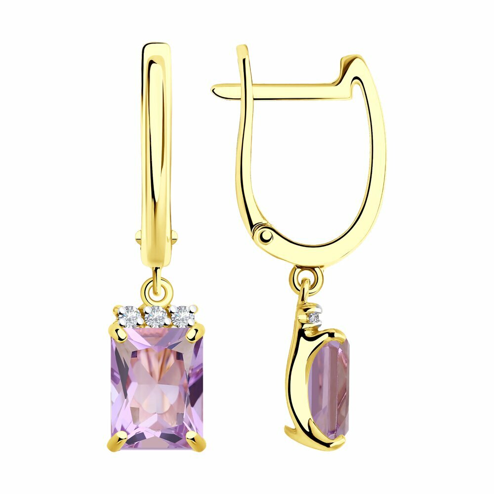 Серьги с подвесками, желтое золото, 585 проба, фианит, аметист