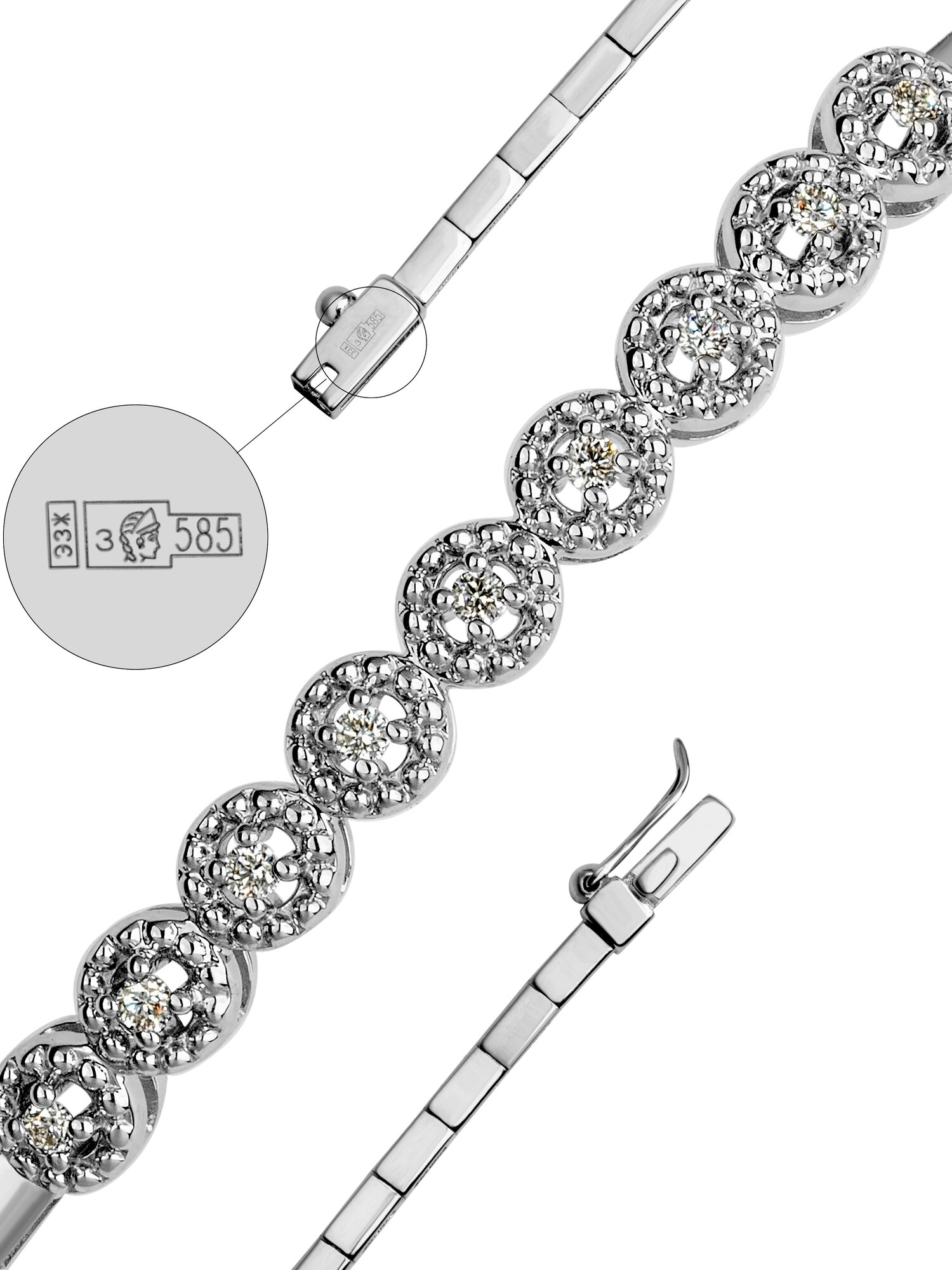 Браслет-цепочка, белое золото, 585 проба, родирование, бриллиант