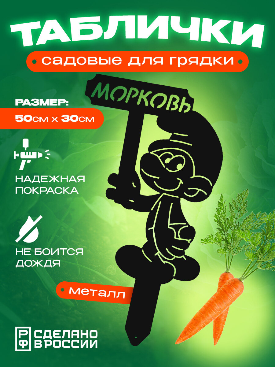 Табличка на грядку Морковь, фигура садовая, черная