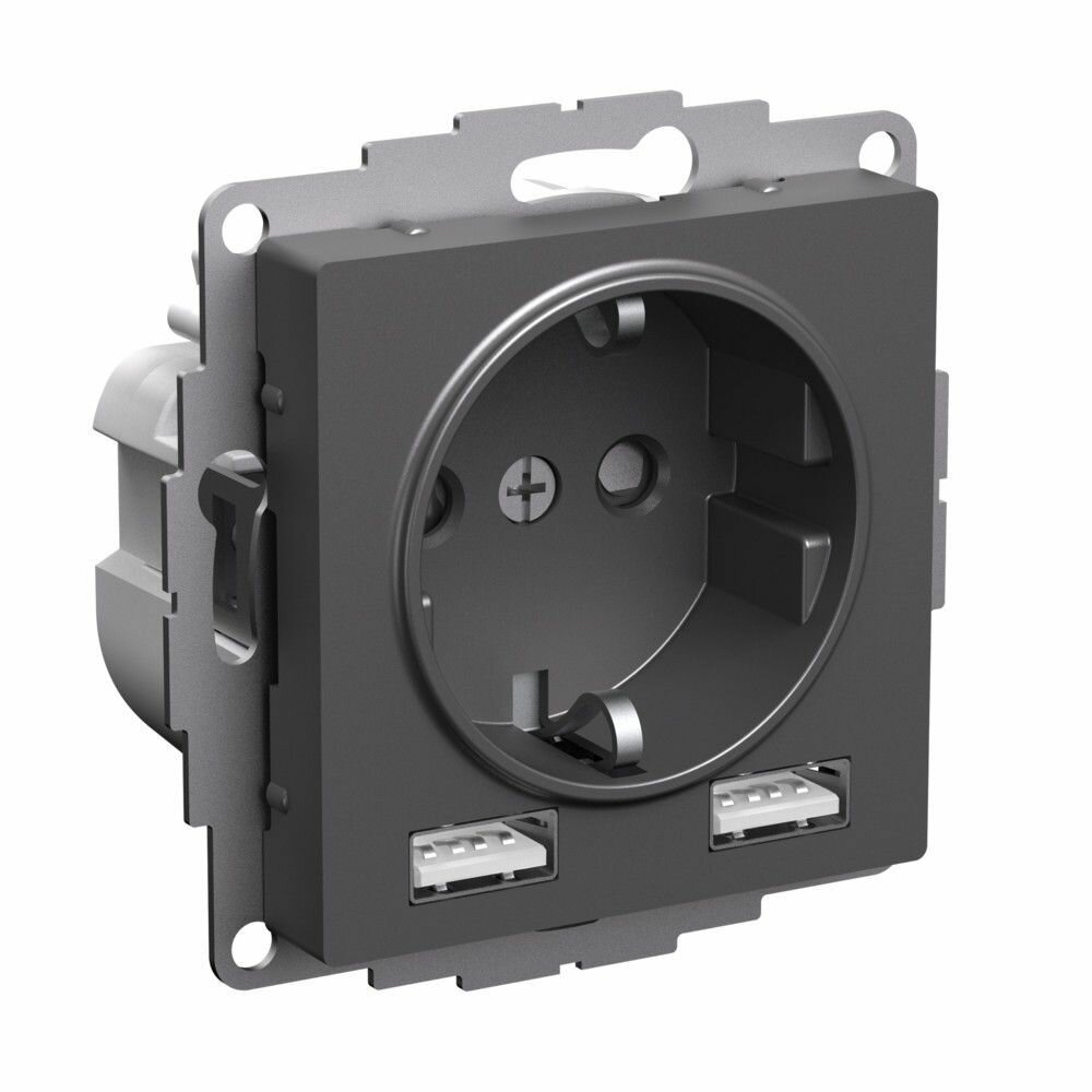 Systeme Electric AtlasDesign Базальт Розетка 16А с 2 USB A+A, 5В/2,4А, 2х5В/1,2А, механизм, ATN001430