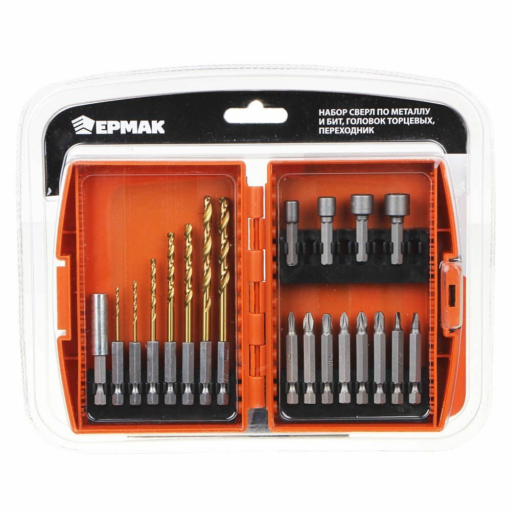 Набор сверл по металлу и бит, головок торцевых, переходник, 20 шт, кейс