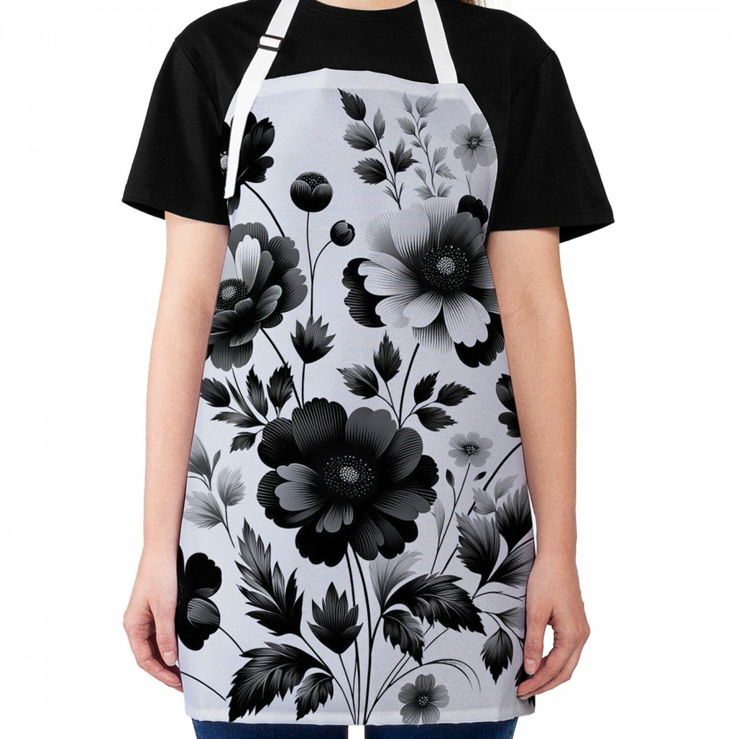 Фартук для кухни тканевый "Черно-белые цветы" / водоотталкивающий, универсальный размер , JoyArty