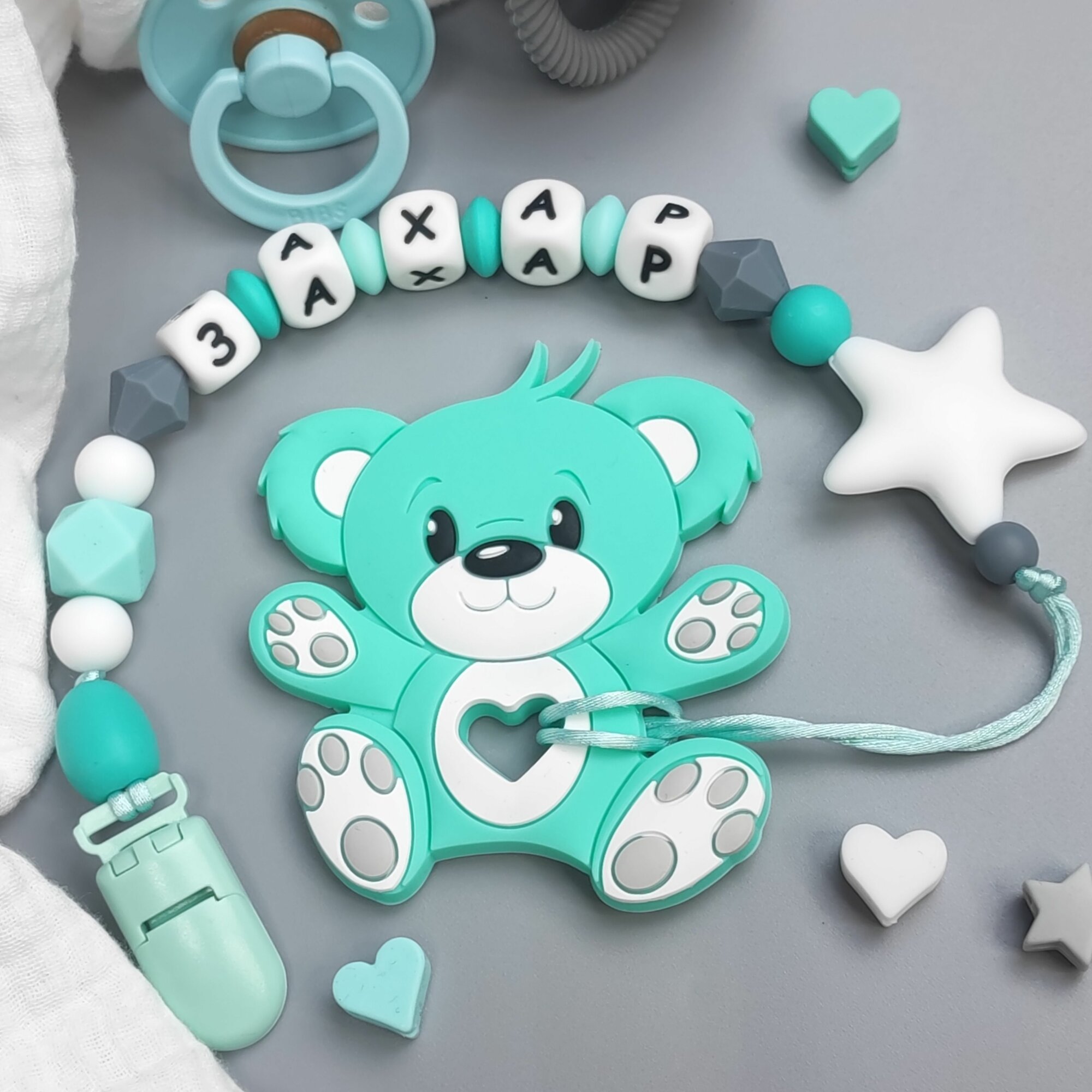 Именной силиконовый держатель для пустышки с грызунком - Захар, для новорожденных, прорезыватель