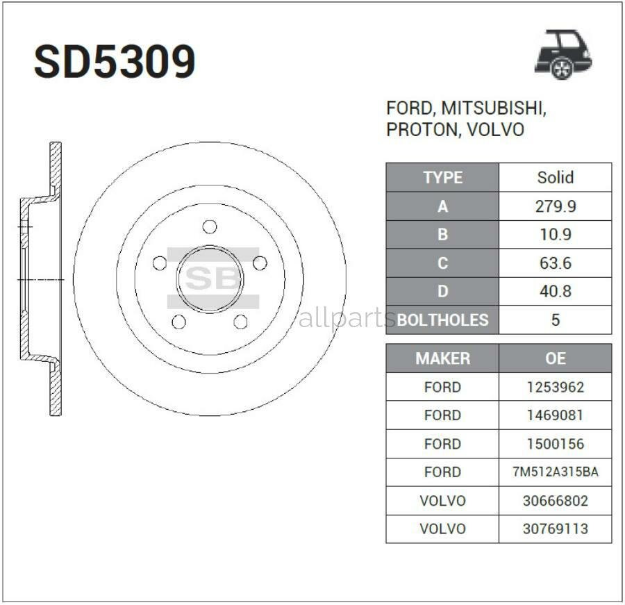 SANGSIN BRAKE SD5309 Диск тормозной задний D=280mm Volvo S40 I Mits Carisma -99 Space Star MPV 98-2004