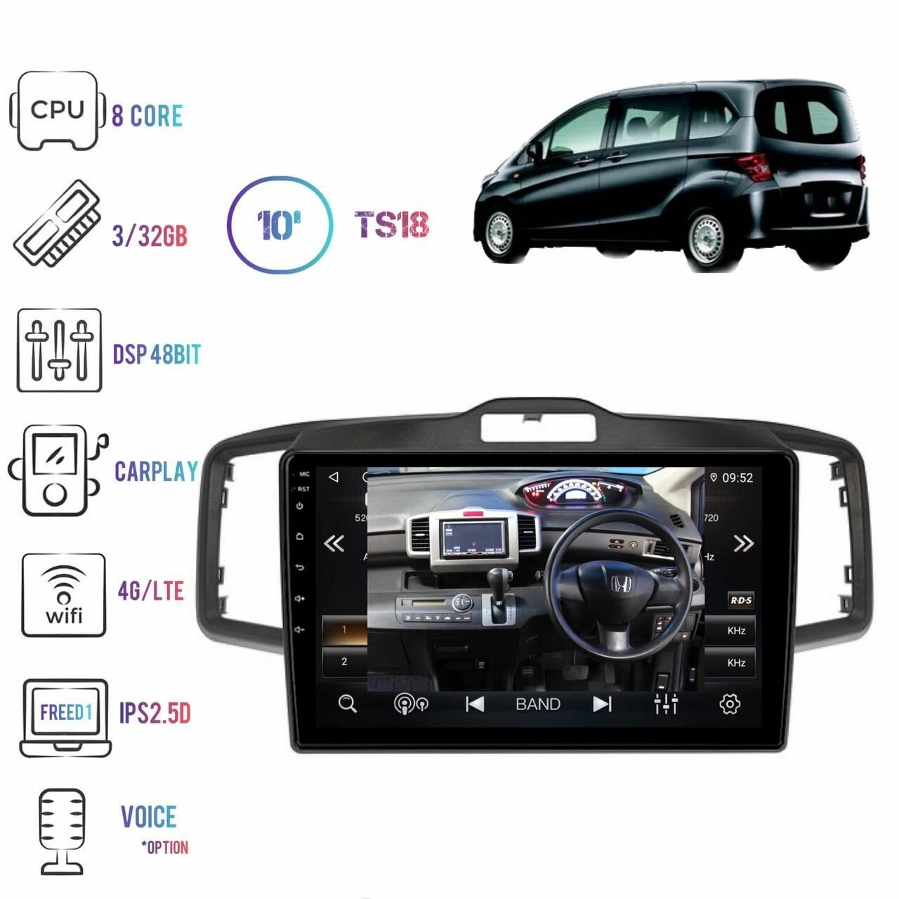Магнитола для Honda Freed 1 2008 - 2016 MFA на Андроиде 11 Car Edition TS18 3+32Gb+8ядер+2ядра GU+DSP+CarPlay+4G SIM+IPS2.5D+голосовое управление