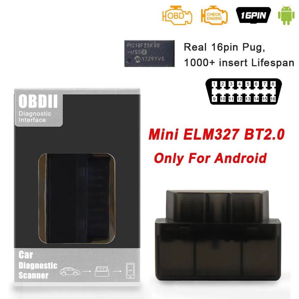 Мини ELM327 V1.5 PIC18F25K80 ELM 327 V1.5 OBD2 беспроводной адаптер odb2 сканер для Android OBD 2 OBD2 автомобильный диагностический инструмент Black Carton Package