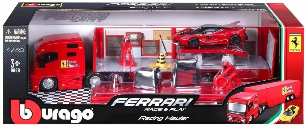 BBURAGO "Машинка гоночный перевозчик BB 18-31202 1:43 FERRARI RACING HAULER, Красный"