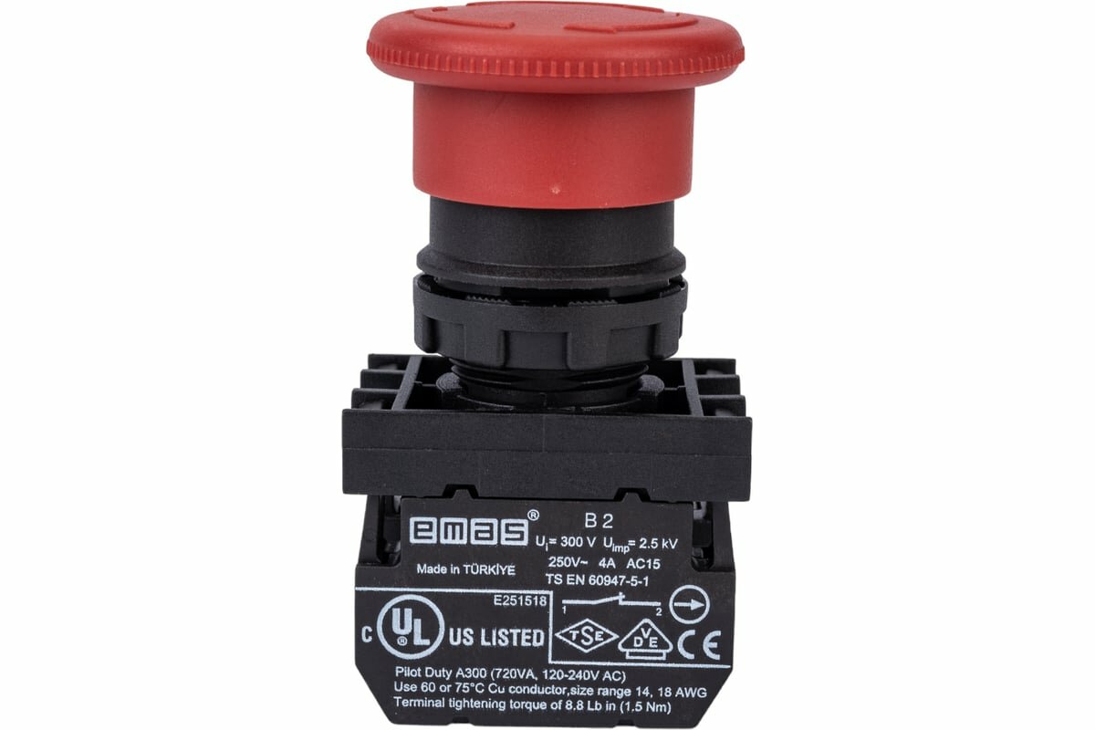 Emas Кнопка аварийная Грибок, возврат поворотом, 1НО+1НЗ, серия B, 250 В AC, 4 А B102E