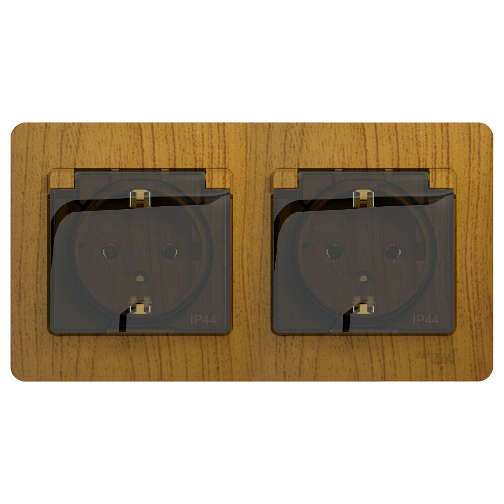Розетка двухместная с заземлением, со шторками (с крышкой) IP44, Дерево Дуб, Schneider Electric Glossa