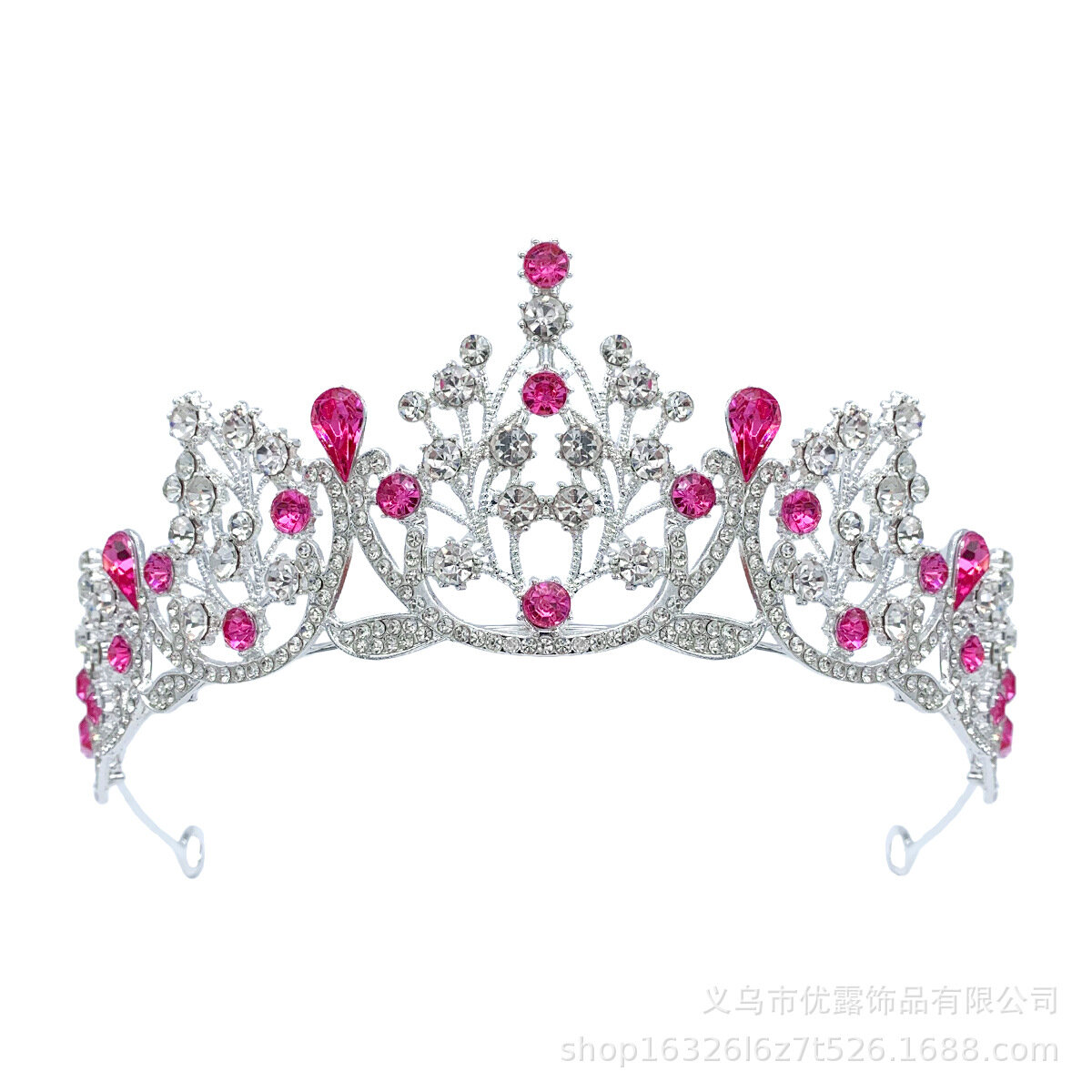 Корона невесты "Трансграничная", с бриллиантами, цвет серебро + розово-красные